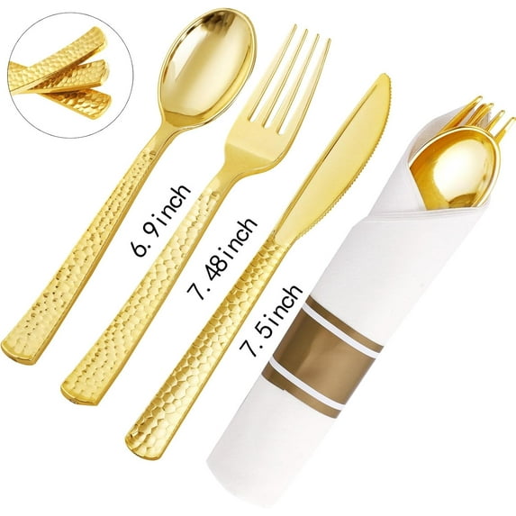 JUNCHI-Supernal Set of 60 Wrapped Plastic Silverware Gold Pre Rolled ...
