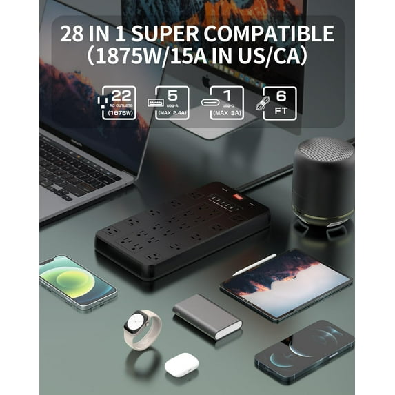 JUNCHI-Surge Protector Power Strip, 22 AC Multiple Outlets with 6 USB ...