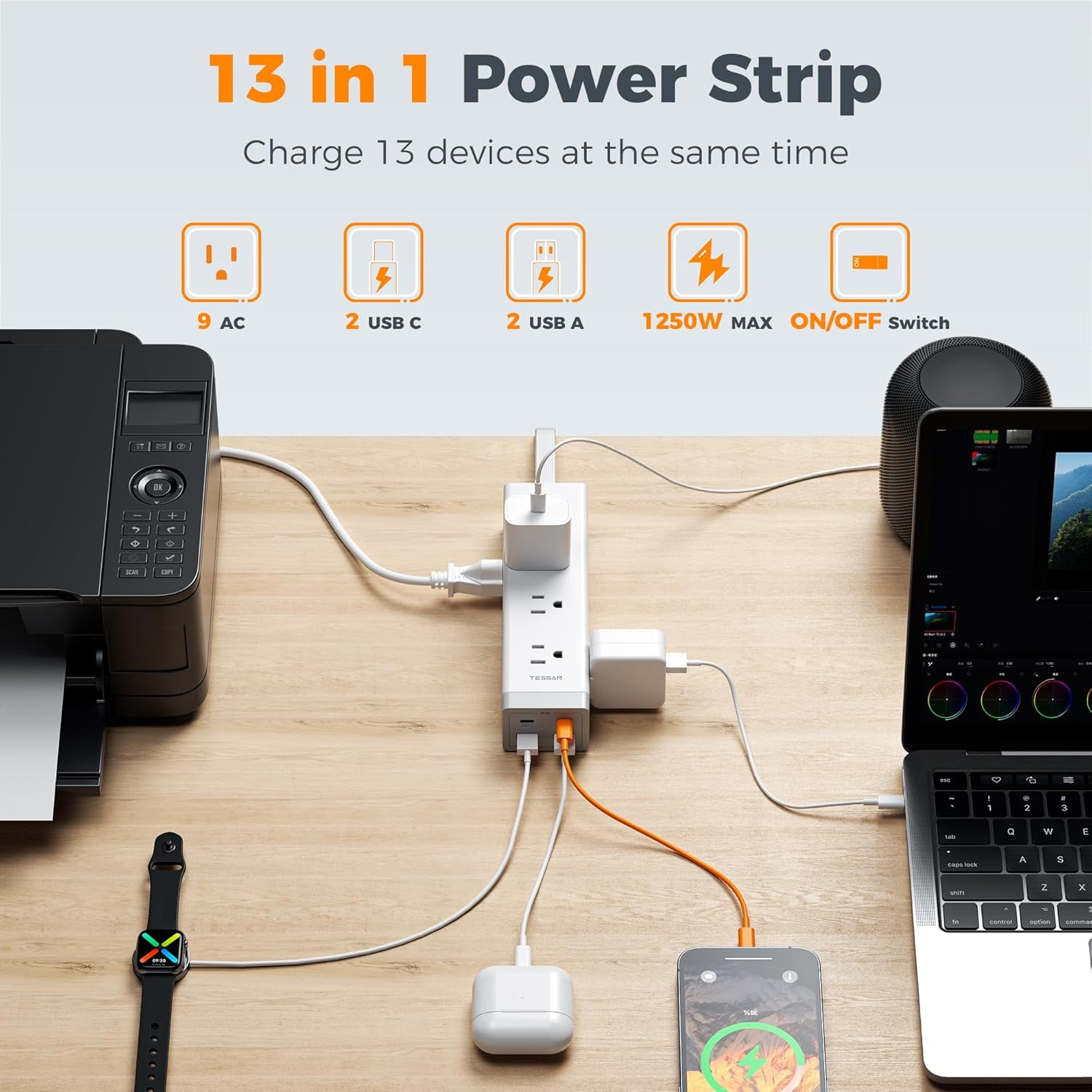 JUNCHI-Surge Protector Power Strip PD 20W, Ultra Thin Flat Plug 6 FT ...
