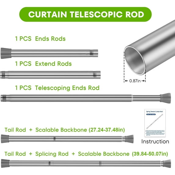 JUNCHI-Tension Curtain Rod Silver Tension Rods 28 to 48 Inch Curtain ...