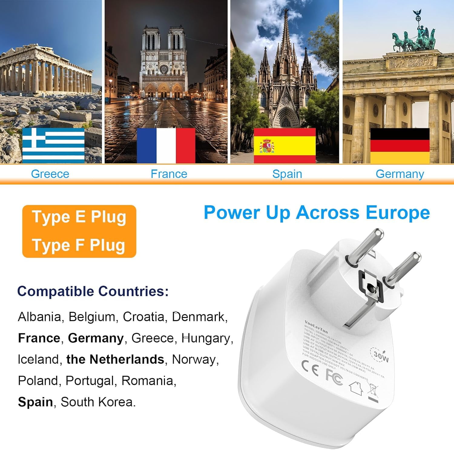JUNCHI-Type E/F Plug Adapter, France Germany Travel Adapter with 30W ...