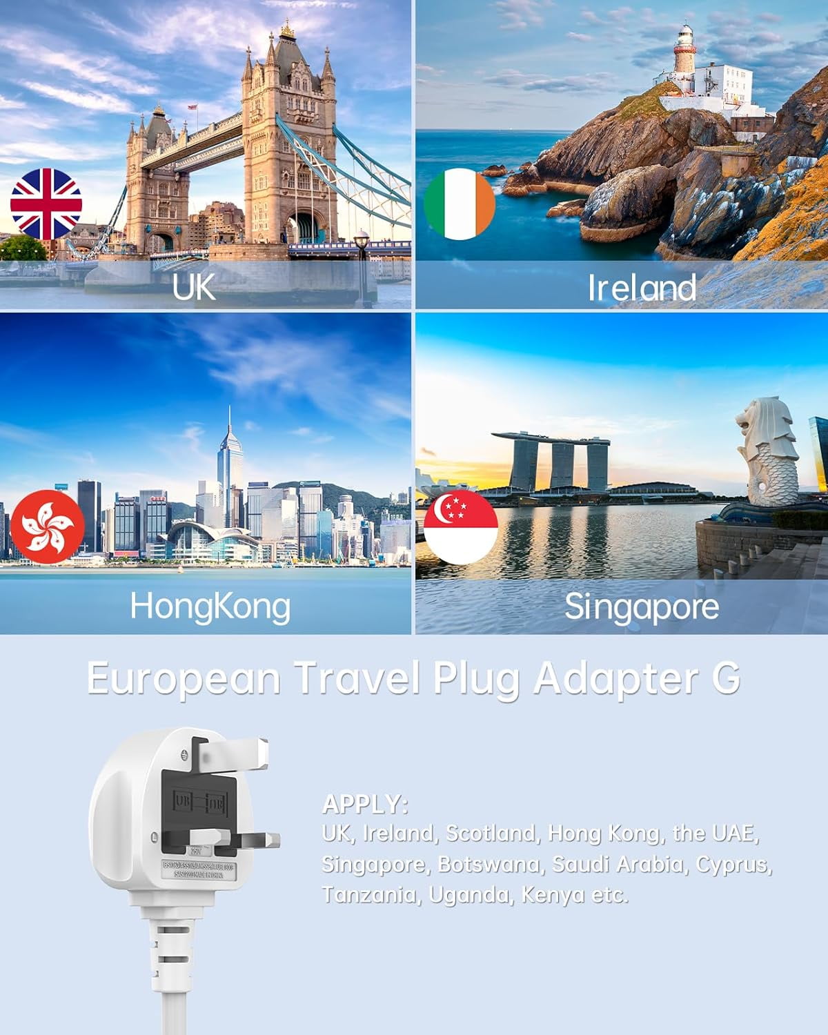 JUNCHI-UK Travel Plug Adapter with USB C, 6FT Extension Cord, US to UK ...