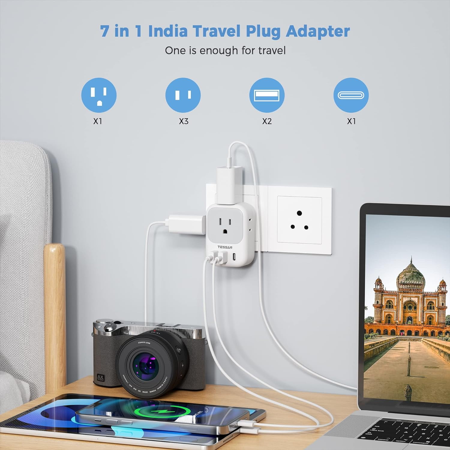 JUNCHI-US to India Plug Adapter, India Power Adapter with 4 American ...