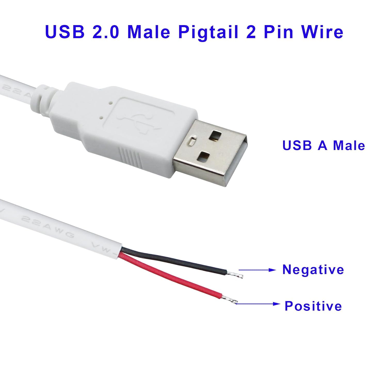 JUNCHI-USB 2 Wire Pigtail Cable 0.3M/1Ft,USB 2.0 A Male 2 Pin Bare Wire ...