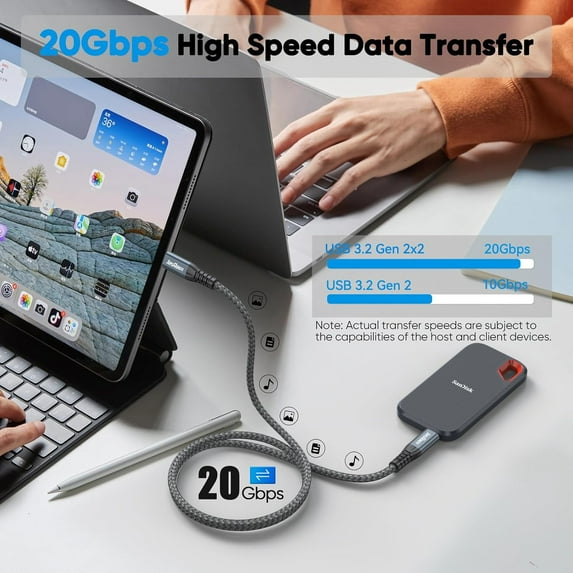 JUNCHI-USB C Data Cable 3ft, USBC 3.2 Gen 2X2 with 20Gbps High Speed ...