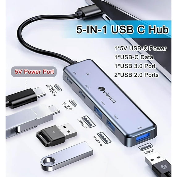 JUNCHI-USB C Hub, Aluminum 5 in 1 USB C to USB 3.0 Extender with USB C ...