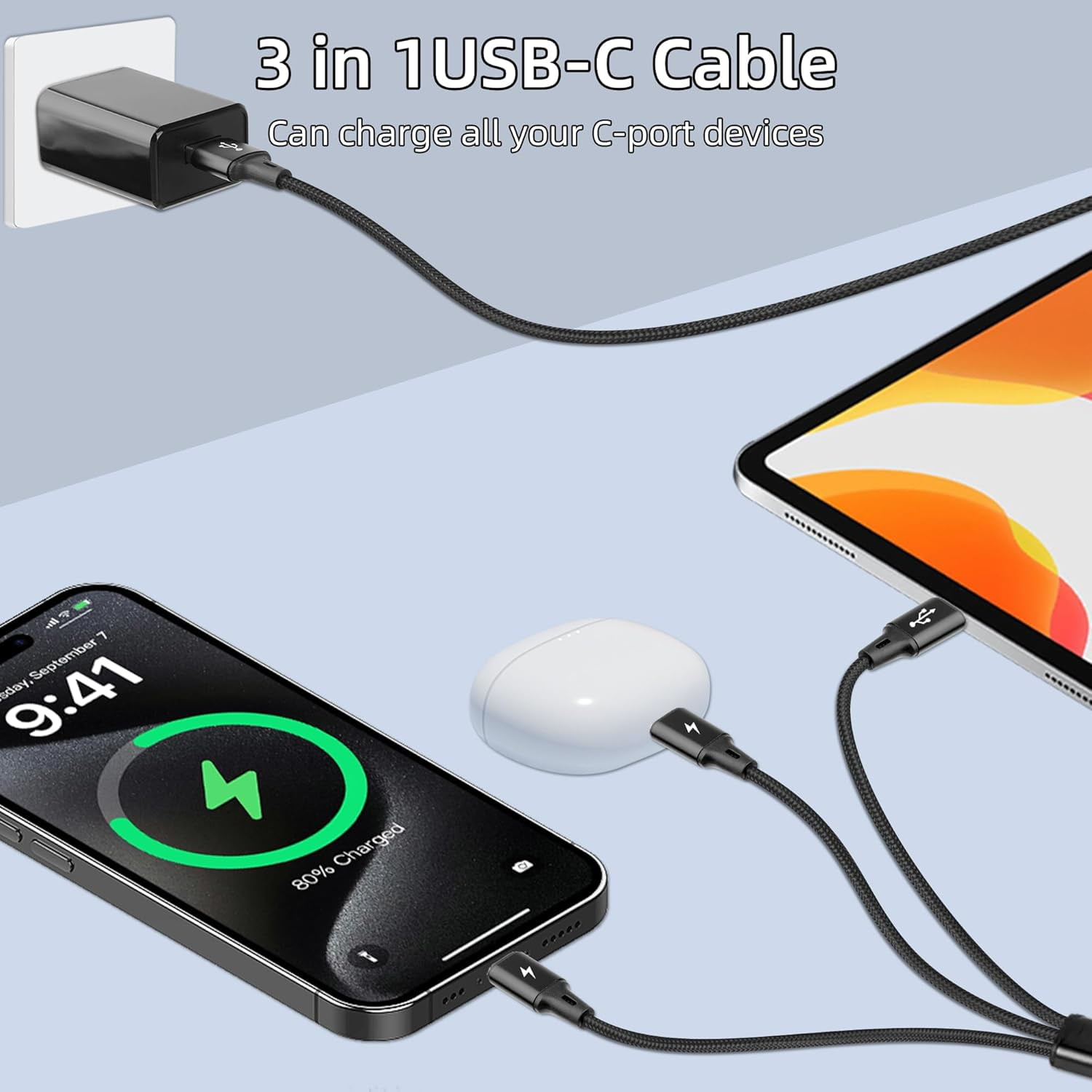 JUNCHI-USB C Multi Charging Cable, USB C Splitter Cable, 3 in 1 Type C ...