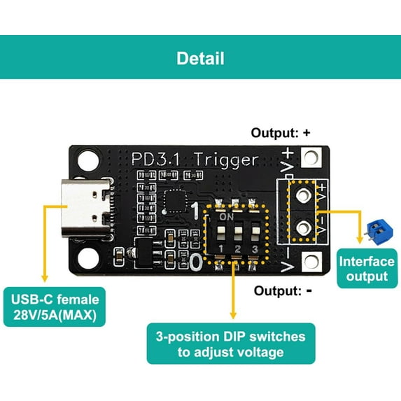 JUNCHI-USB-C PD3.0 3.1 QC Trigger Charging Module Type-C Female Input ...