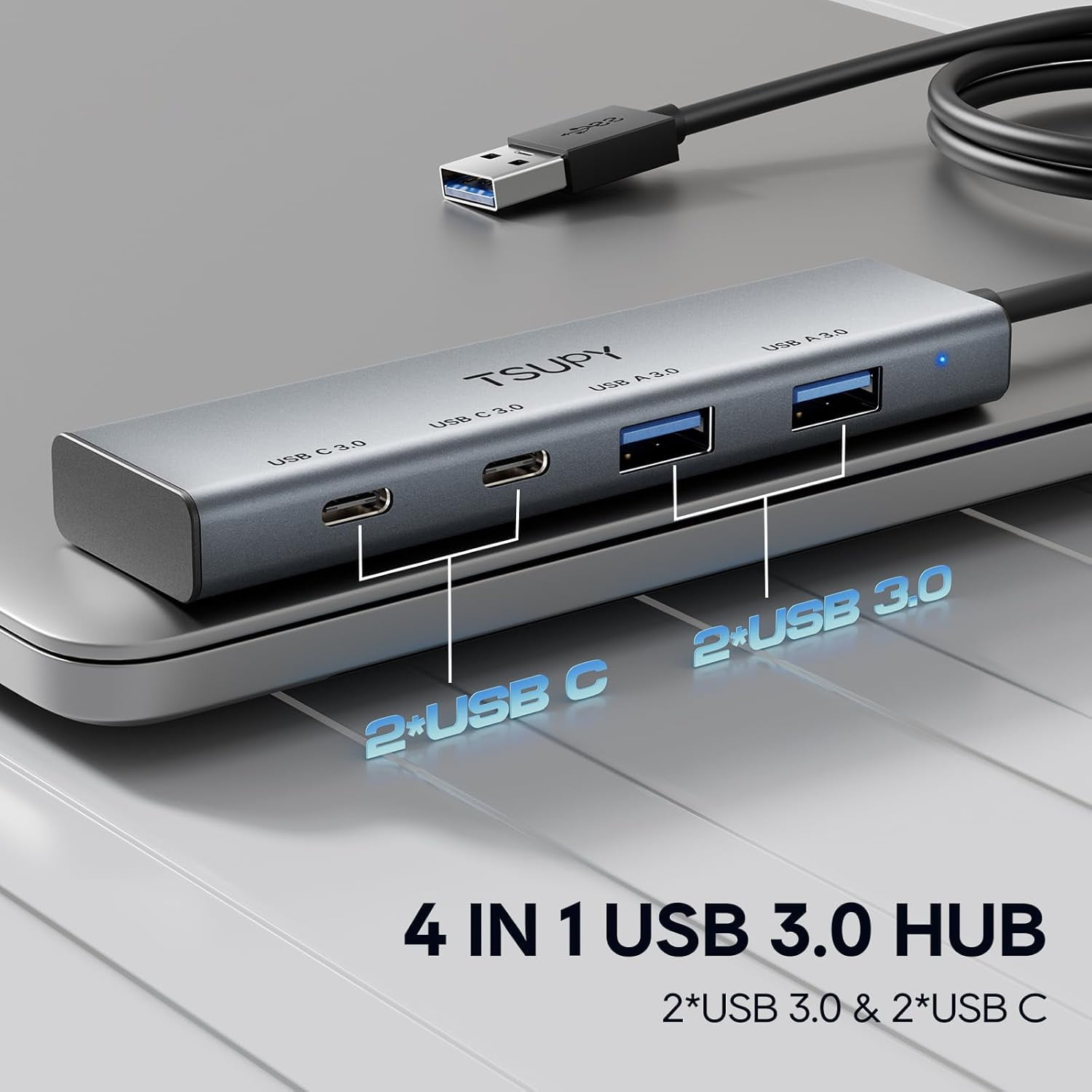 JUNCHI-USB C USB A 3.0 Hub with 4FT Extended Cable,4 Ports Aluminium ...