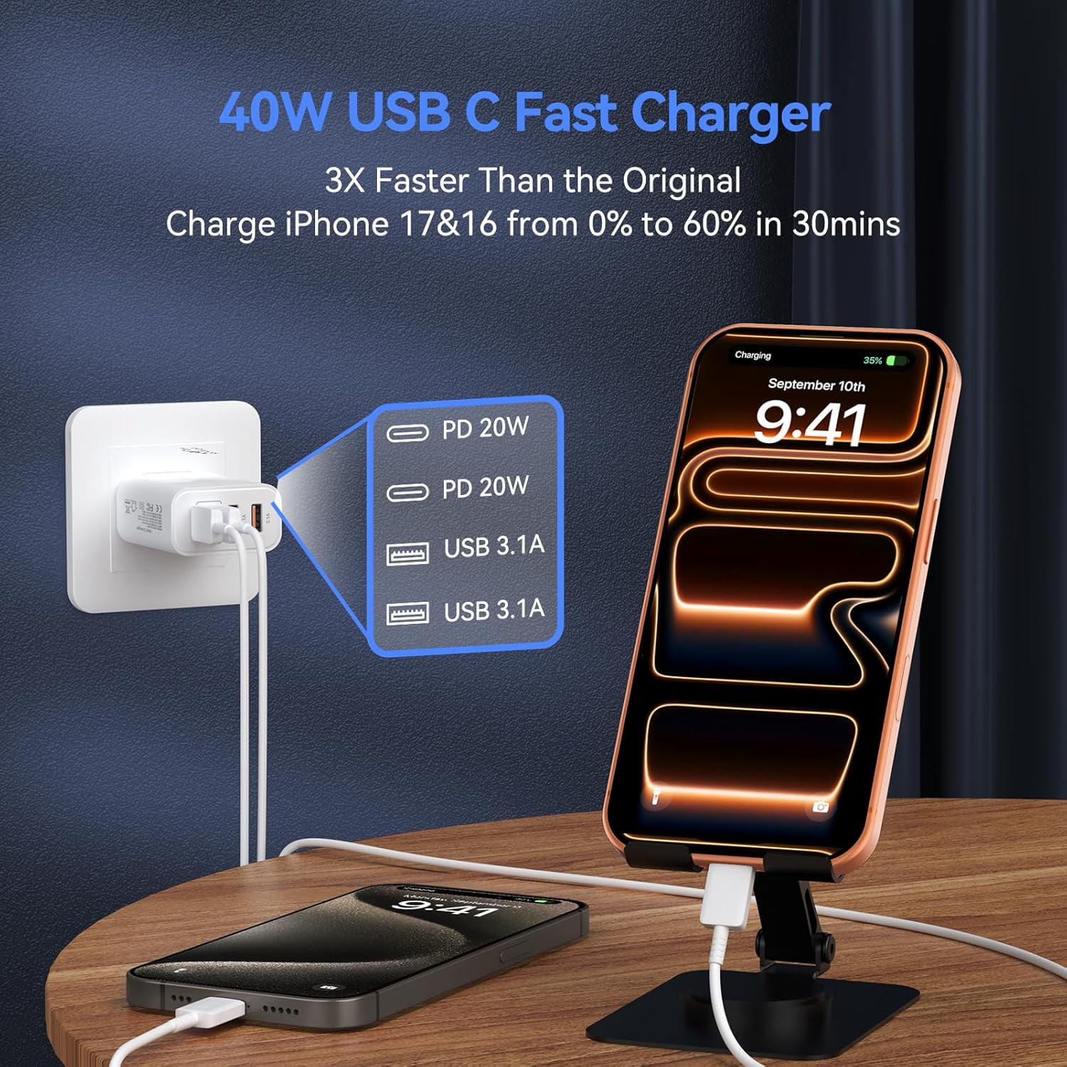 JUNCHI-USB C Wall Fast Charger Block, 40W 4-Port Type C Chargers Fast ...
