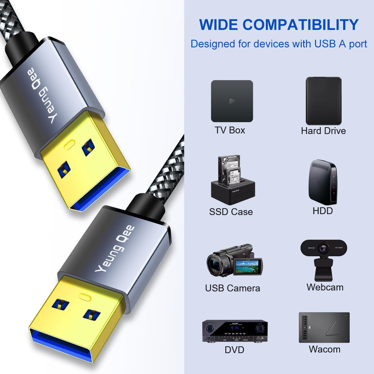 JUNCHI-USB to USB Cable 12 ft,USB 3.0 A to A Male Cable Double End Cord ...