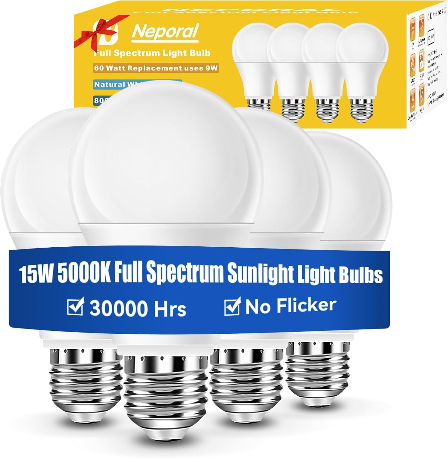 JUNCHI-Upgraded 15W Full Spectrum Light Bulb for Home, 5000K UV-Free ...