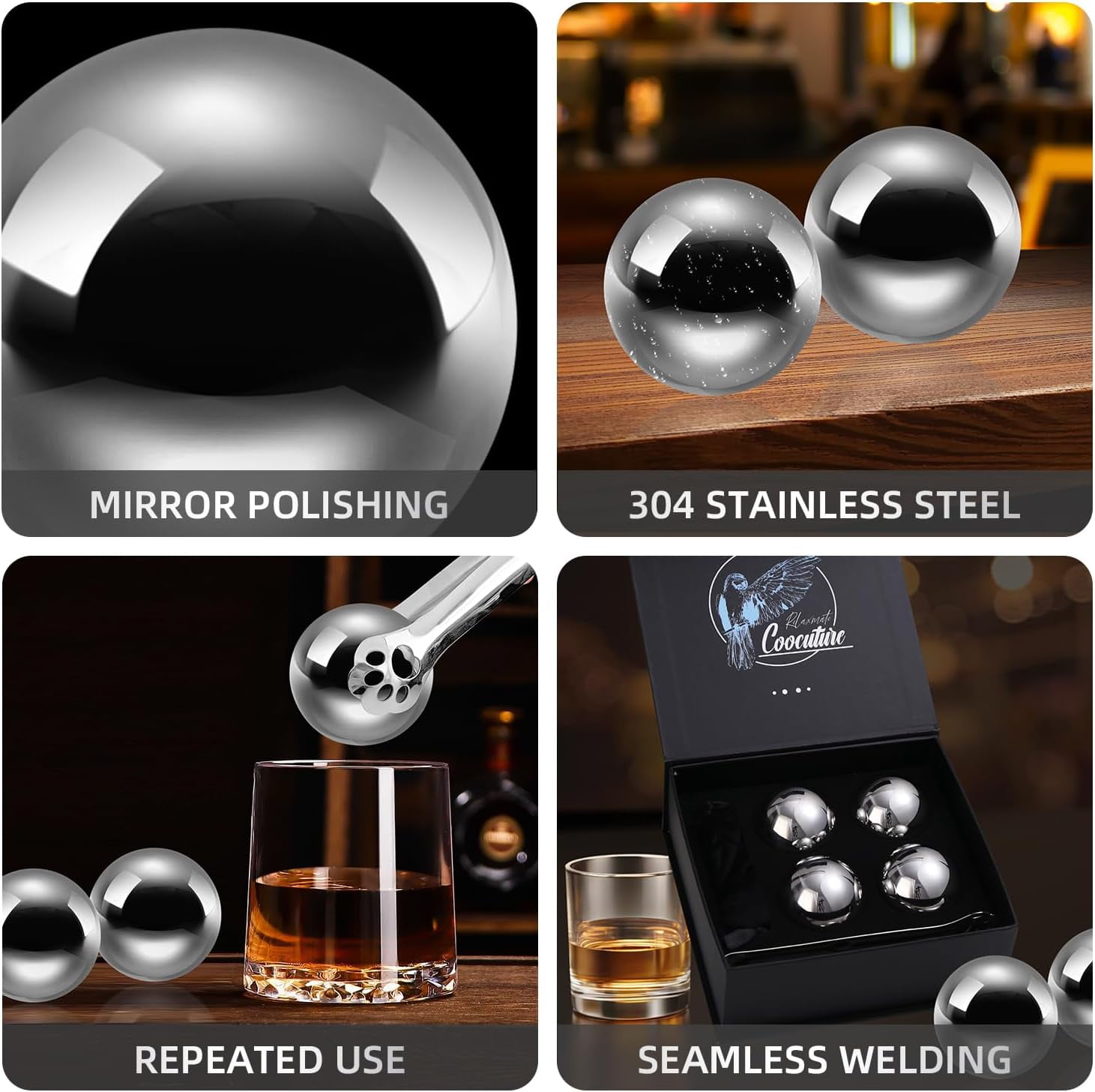 JUNCHI-Whiskey Balls Set of 4 Reusable Stainless Steel Metal Ice Sphere ...