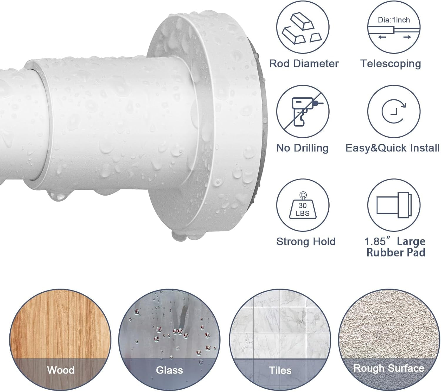 JUNCHI-White Shower Curtain Rod 32-64 Inch(2.7-5.33ft), Non-Slip, Never ...