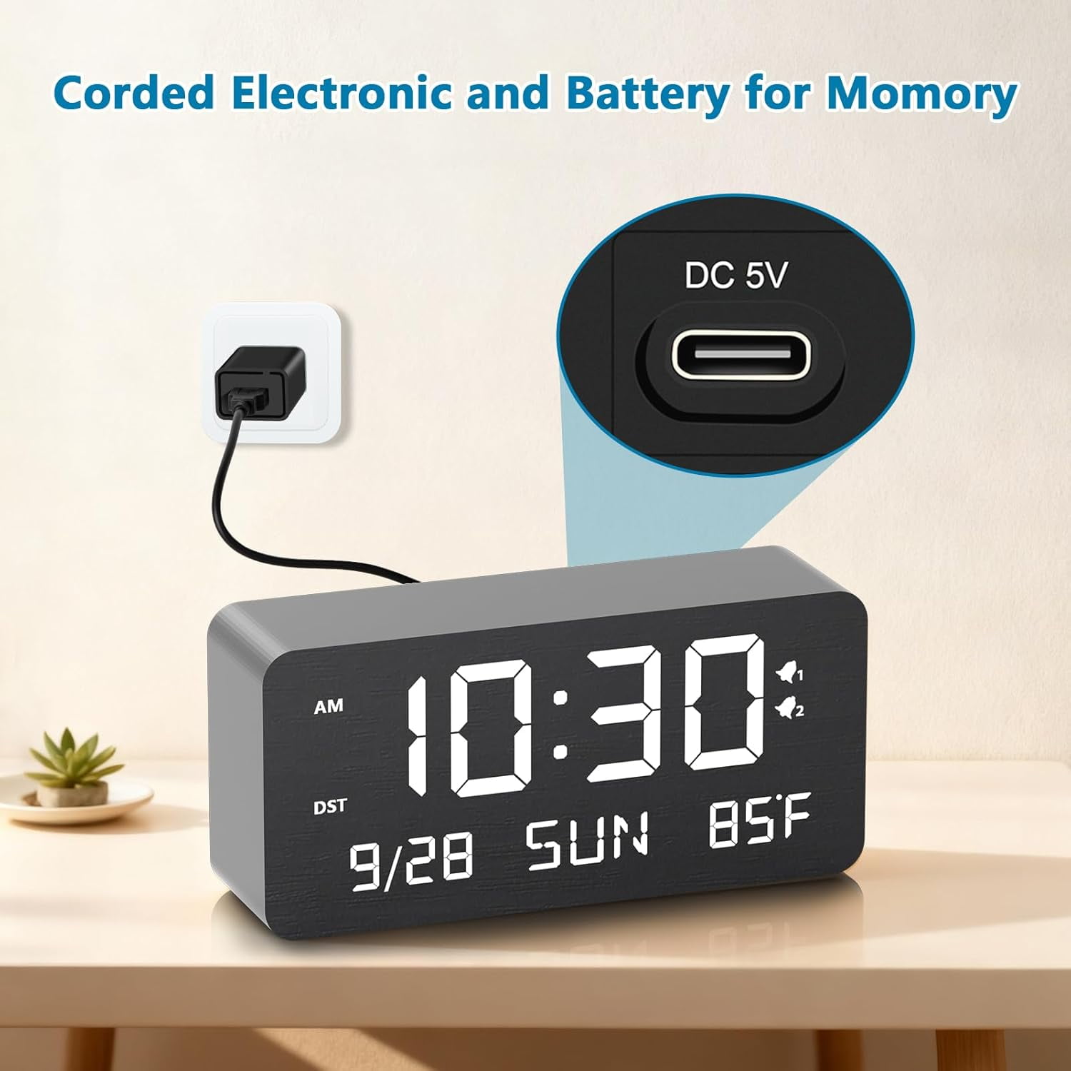 JUNCHI-Wooden Digital Alarm Clock for Bedroom - Desk Clock with Date ...