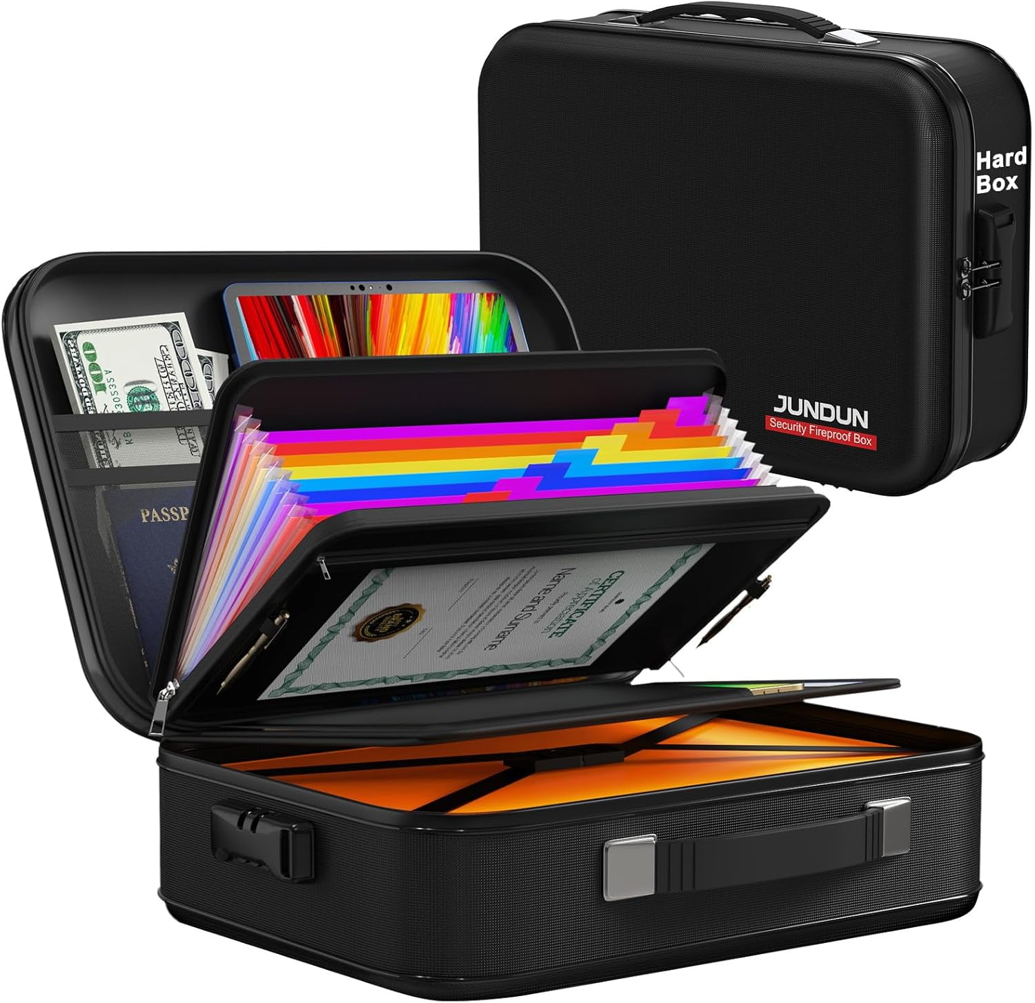 JUNDUN Fireproof Document Box,Hard Case Fireproof Document Organizer ...
