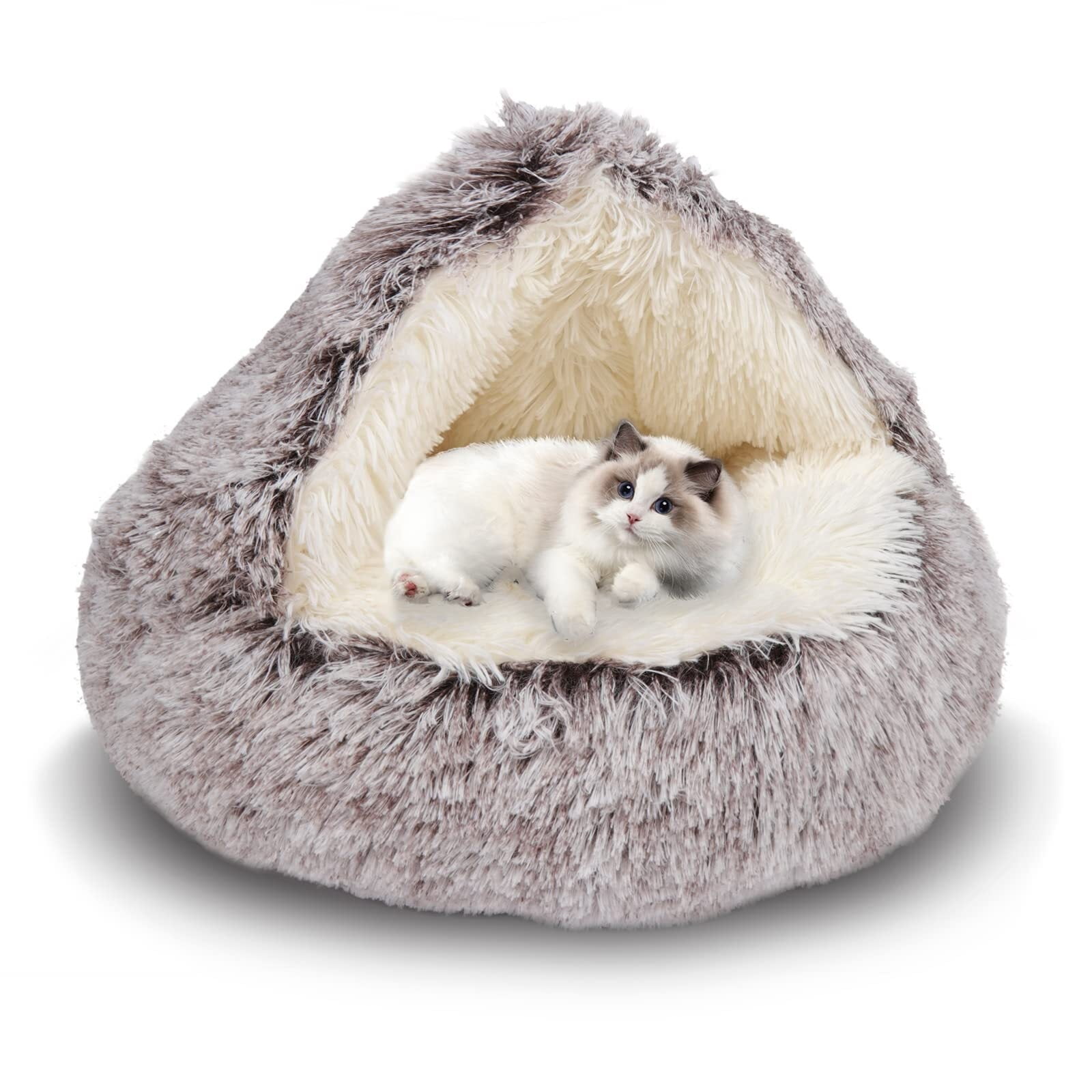 JUNM Cat Bed Round Plush Fluffy Hooded Cat Bed Cave, Cozy for Indoor ...