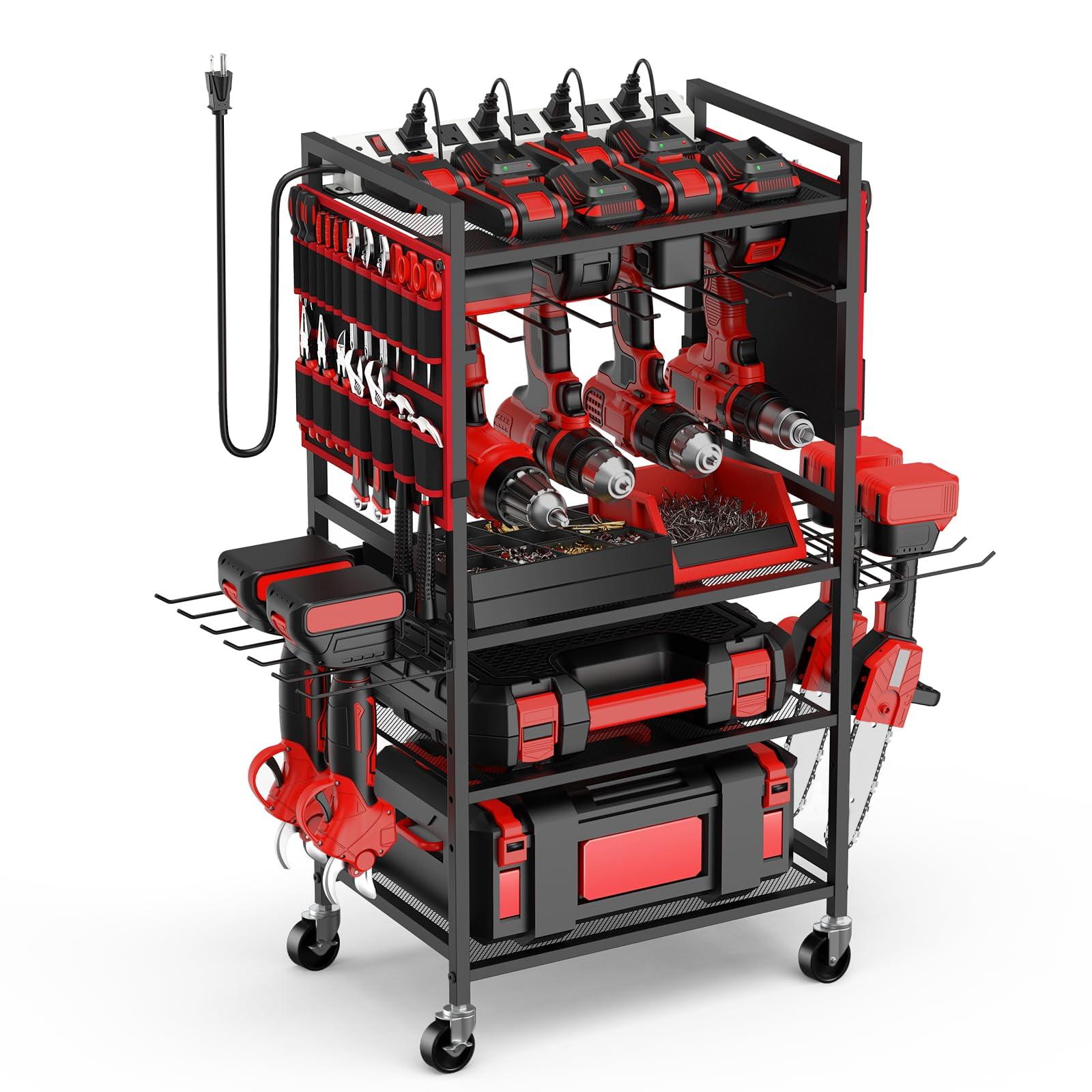 JUNNUJ Garage Large Power Tool Organizer Cart with 20A Charing Station ...