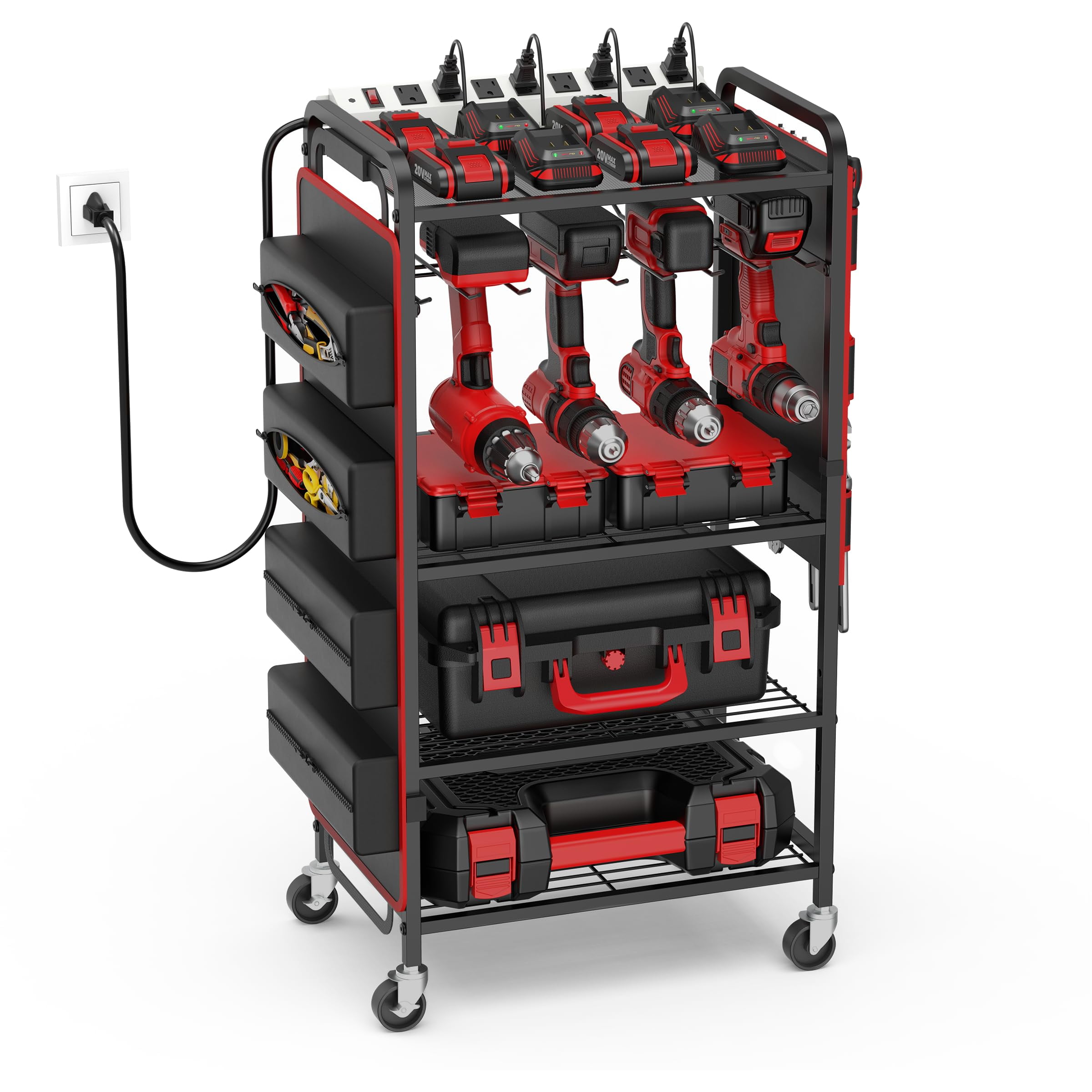 JUNNUJ Large Power Tool Organizer Cart with Charging Station and Heavy ...