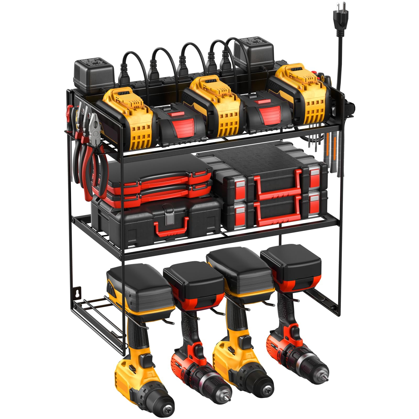JUNNUJ Power Tool Organizer with 10 Outlet Power Strip, 3 Layer Wall ...