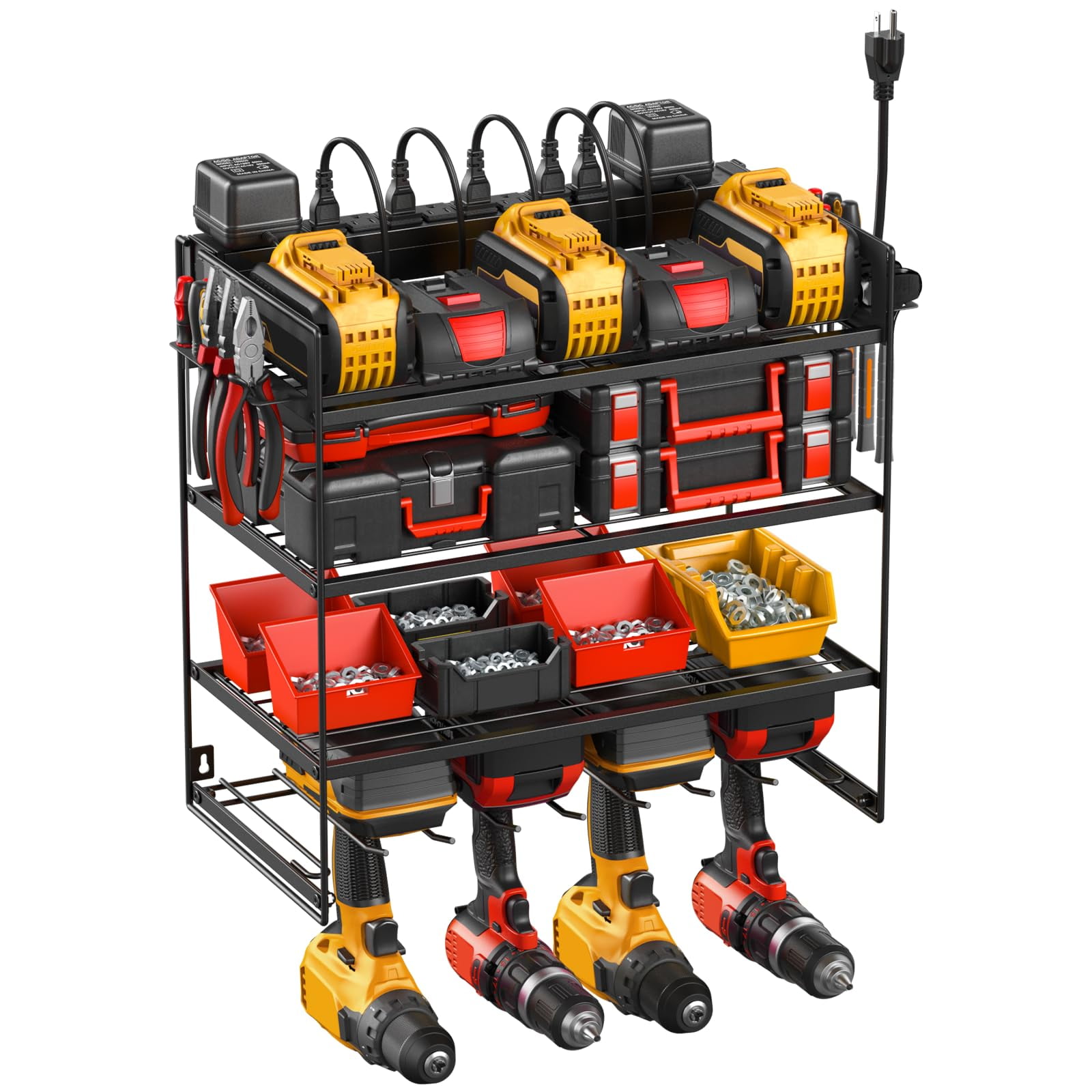 JUNNUJ Power Tool Organizer with 10 Outlet Power Strip, 4 Layer Wall ...