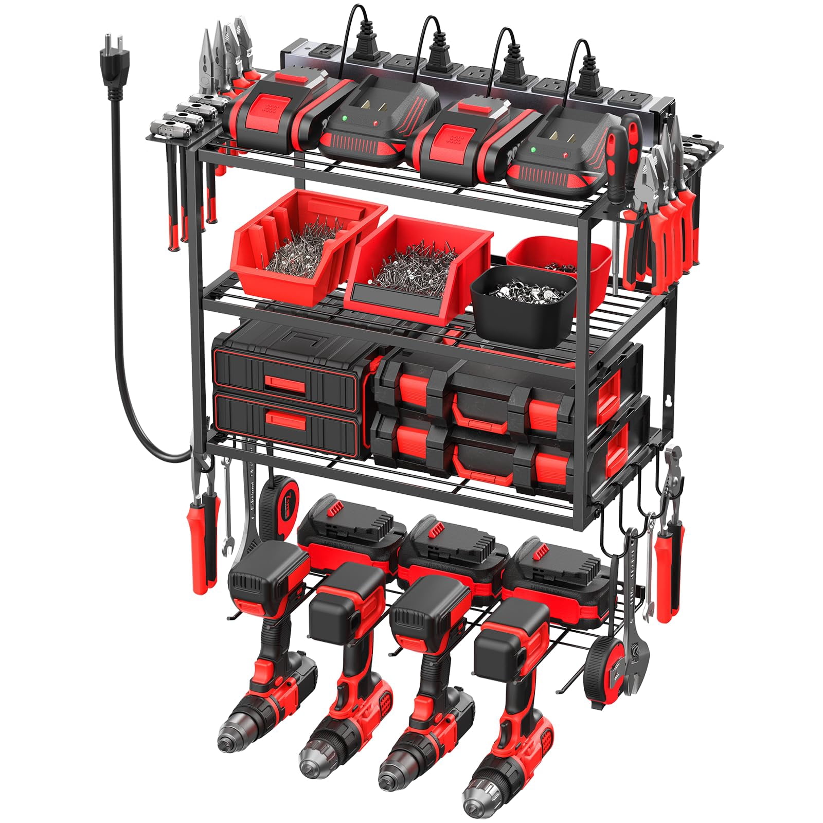 JUNNUJ Tool Organizer with Charging Station, 4 Layers Wall Mount Garage ...