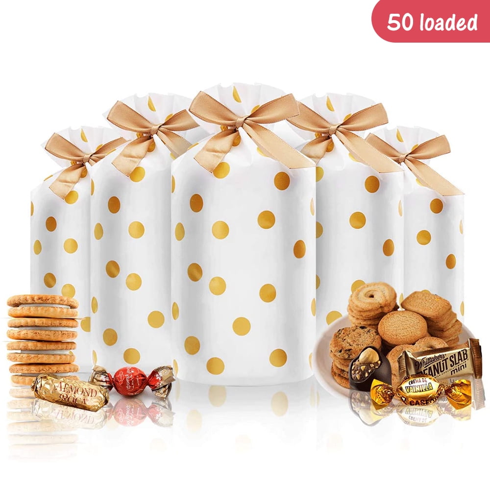 JUNWELL 50pcs Treat Bags Party Favor Bags Gold Plastic Drawstring Gift ...