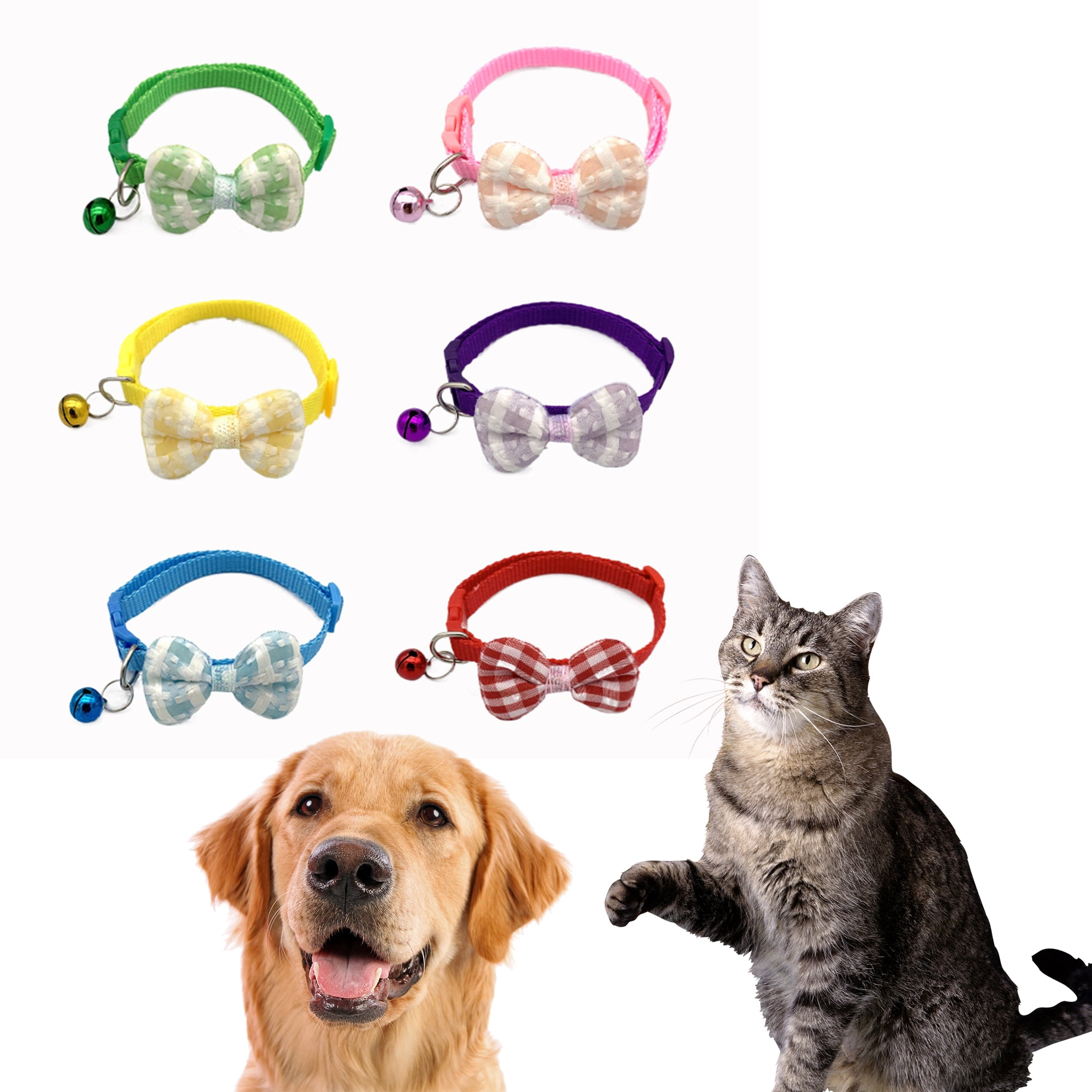 JUNWELL 6pcs Cat Collar Kitten Collars with Bell and Bow Tie Breakaway ...