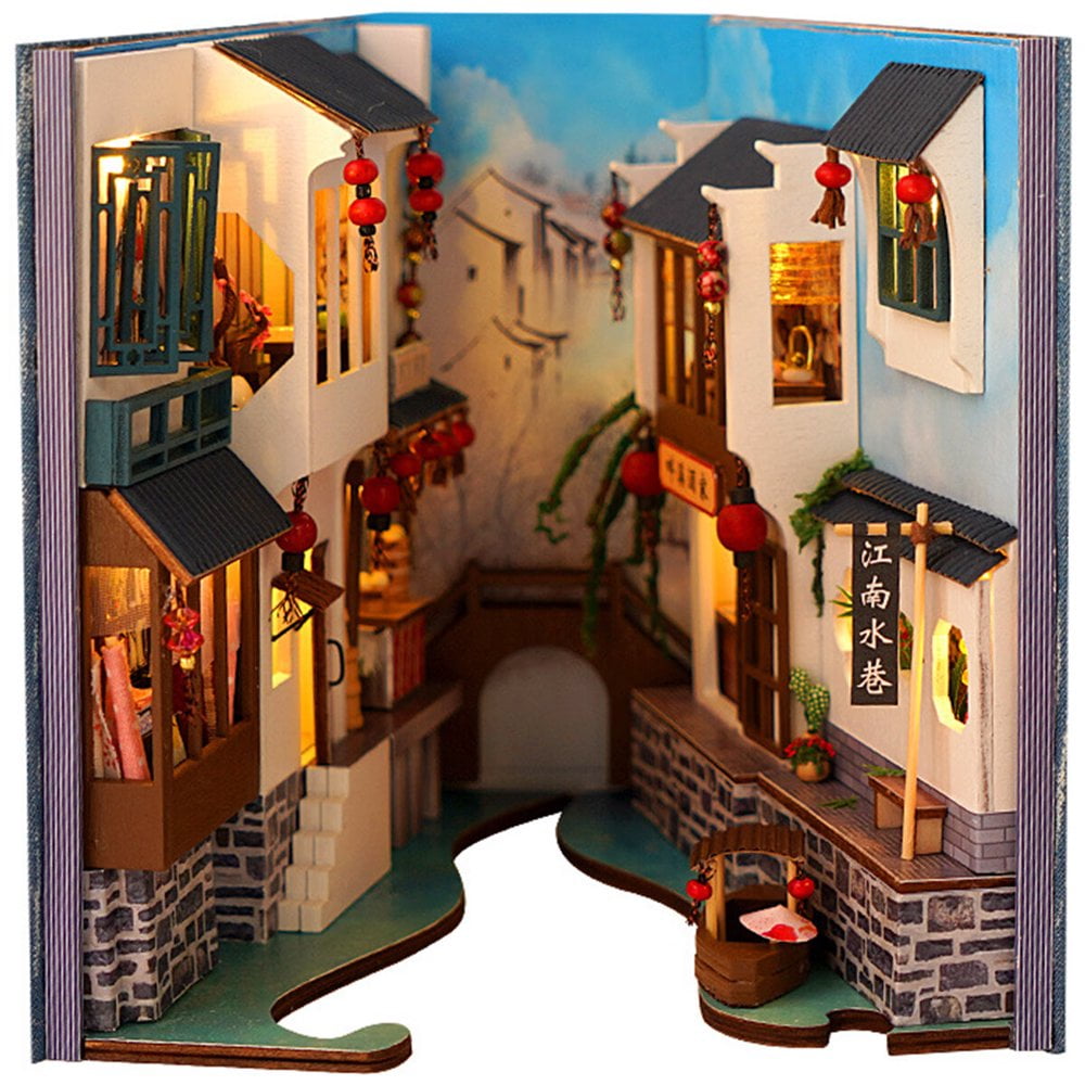 JUNWELL DIY Book Nook Kit 3D Wooden Book Stand Puzzle LED Glowing Book ...