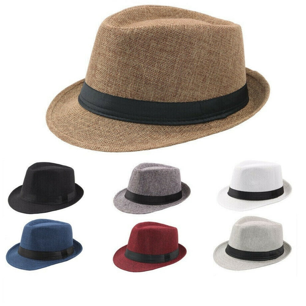 JUNWELL Men Women Straw Fedora Hat Trilby Cuban Sun Cap Panama Short ...