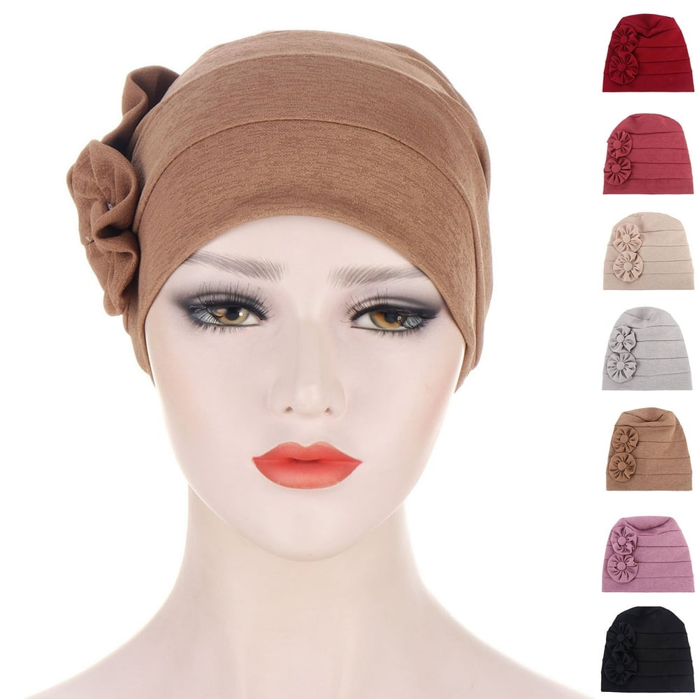 JUNWELL Women Beanie Solid Color Flowers Soft Elastic Linen Blend Head ...