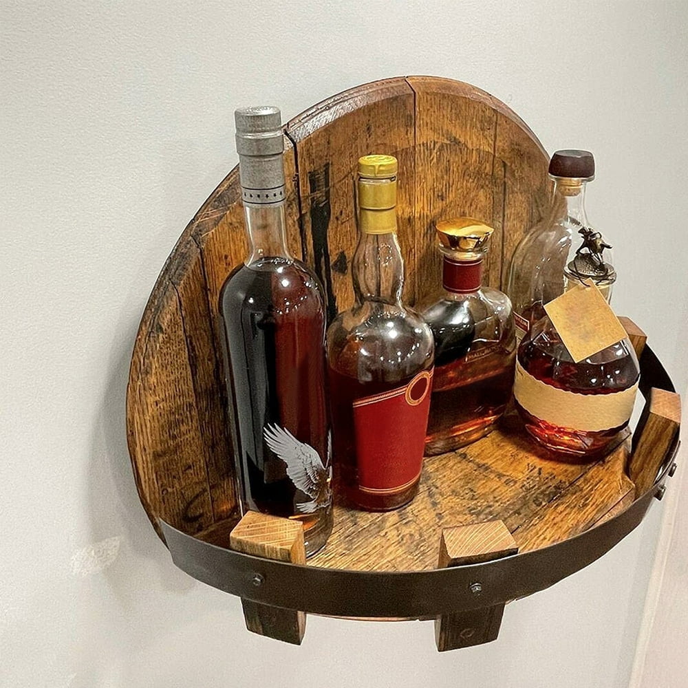 JUNWELL Wooden Bourbon Whiskey Barrel Shelf Hand Crafted Wall Mounted ...