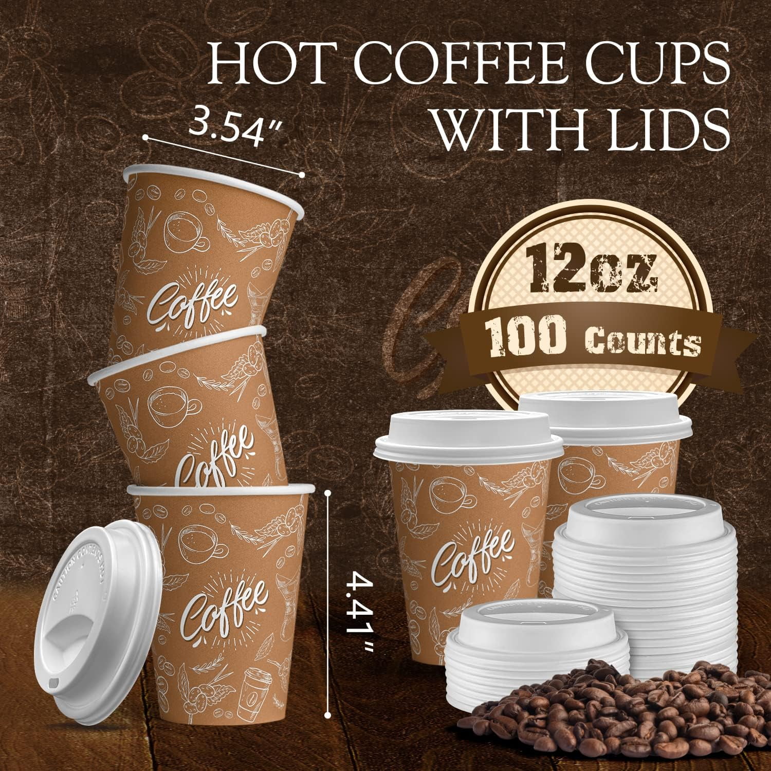 JUNXIAO-100 Pack -12 oz Disposable Coffee Cups with Lids, Thickened ...
