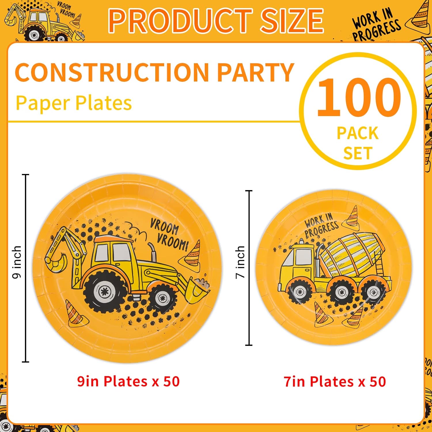 JUNXIAO-100 Pack Construction Birthday Party Plates, Construction Theme ...