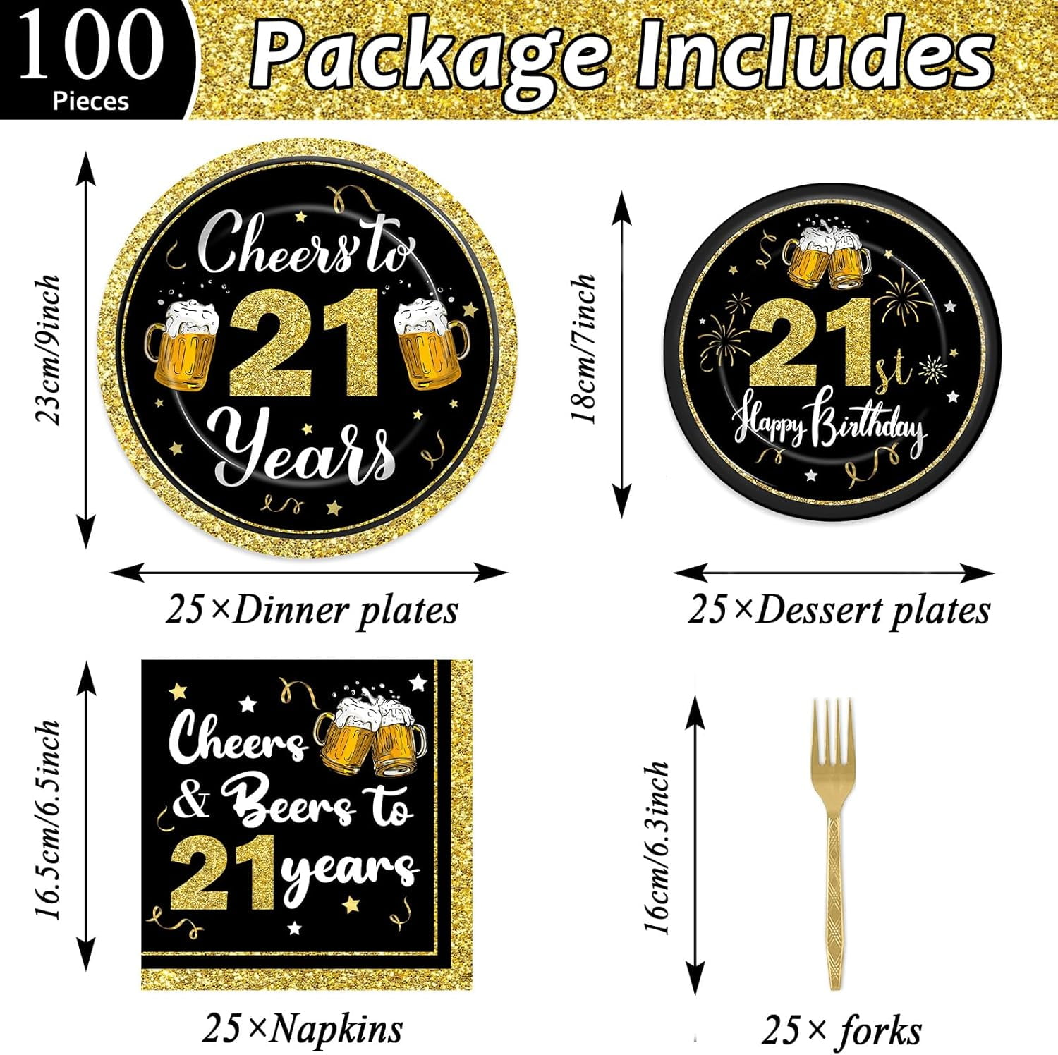 JUNXIAO-100Pcs 21st Birthday Party Supplies Cheers to 21 Years Paper ...