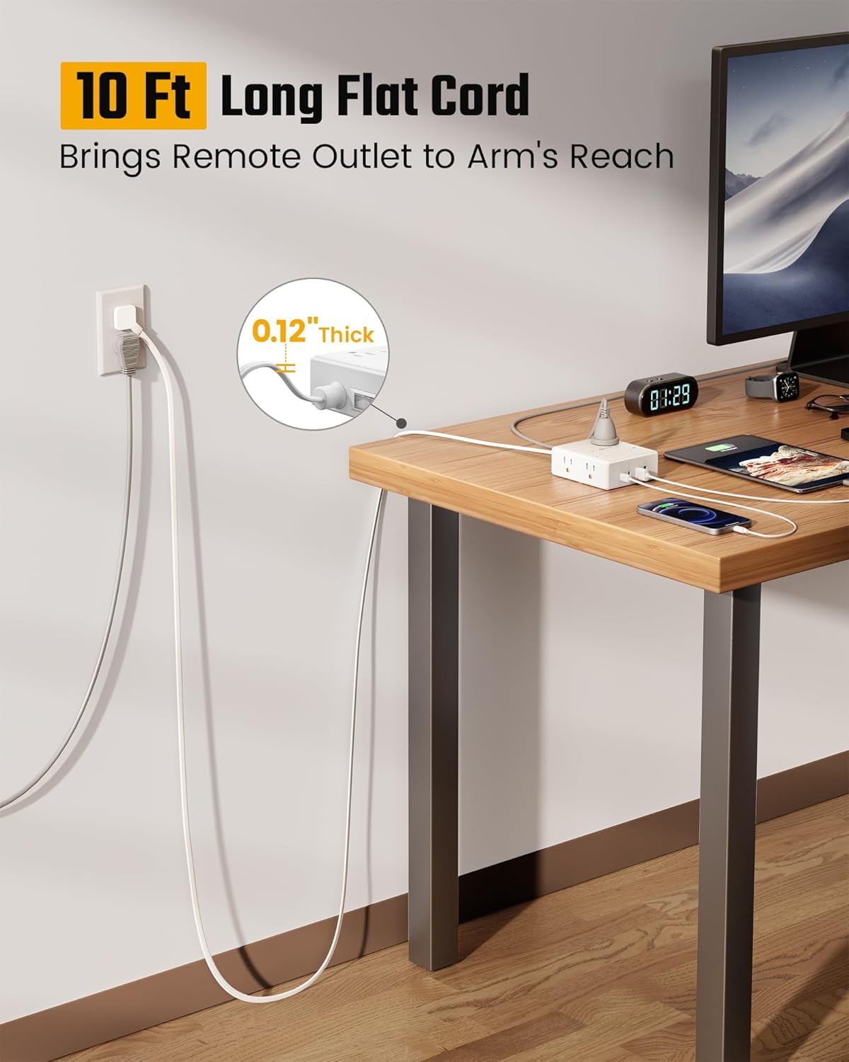JUNXIAO-10Ft Extension Cord with Multiple Outlets, Flat Plug Surge ...