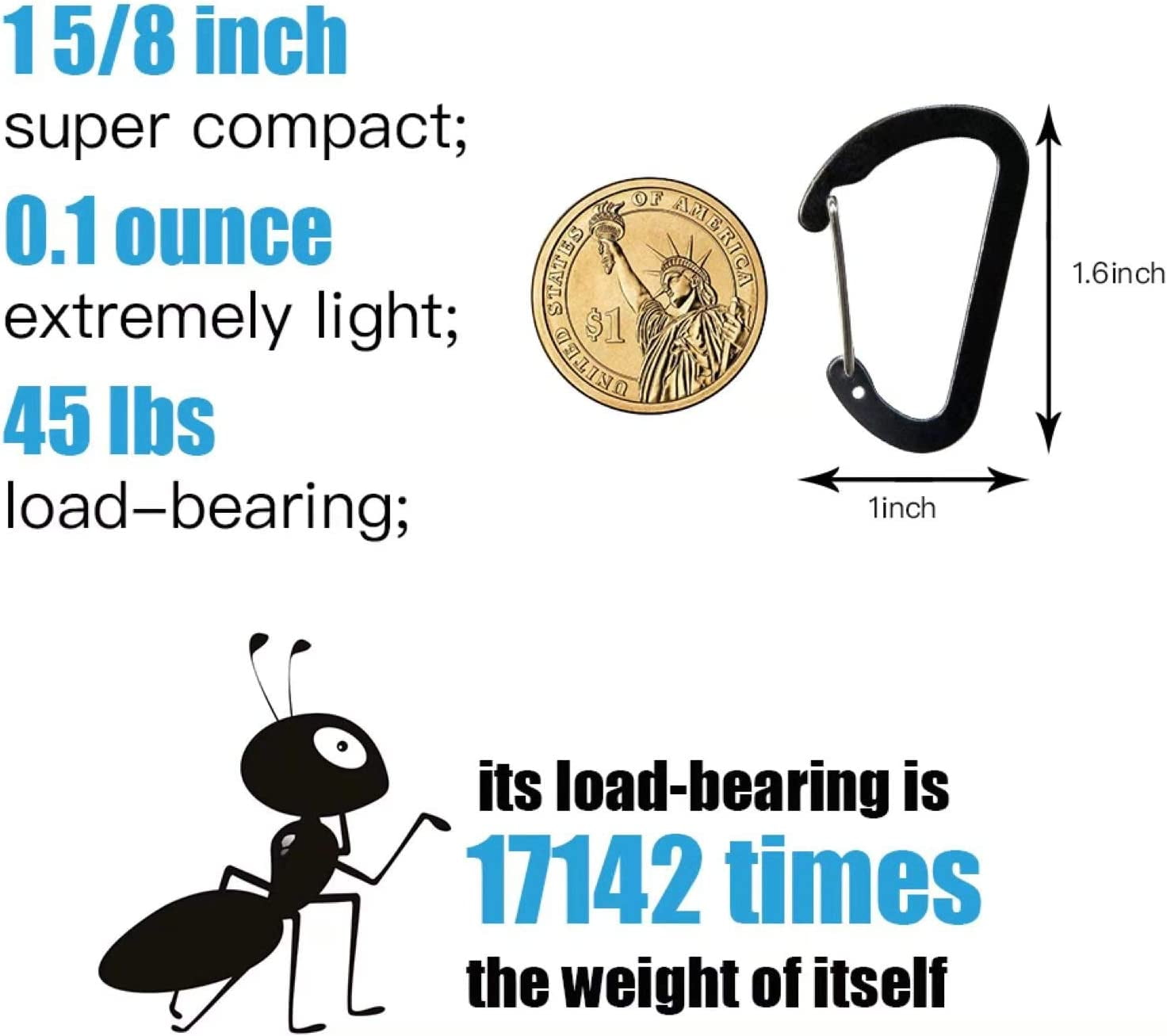 JUNXIAO-10PCS Keychain Clips Mini Carabiner - 1 5/8inch Small Aluminum ...