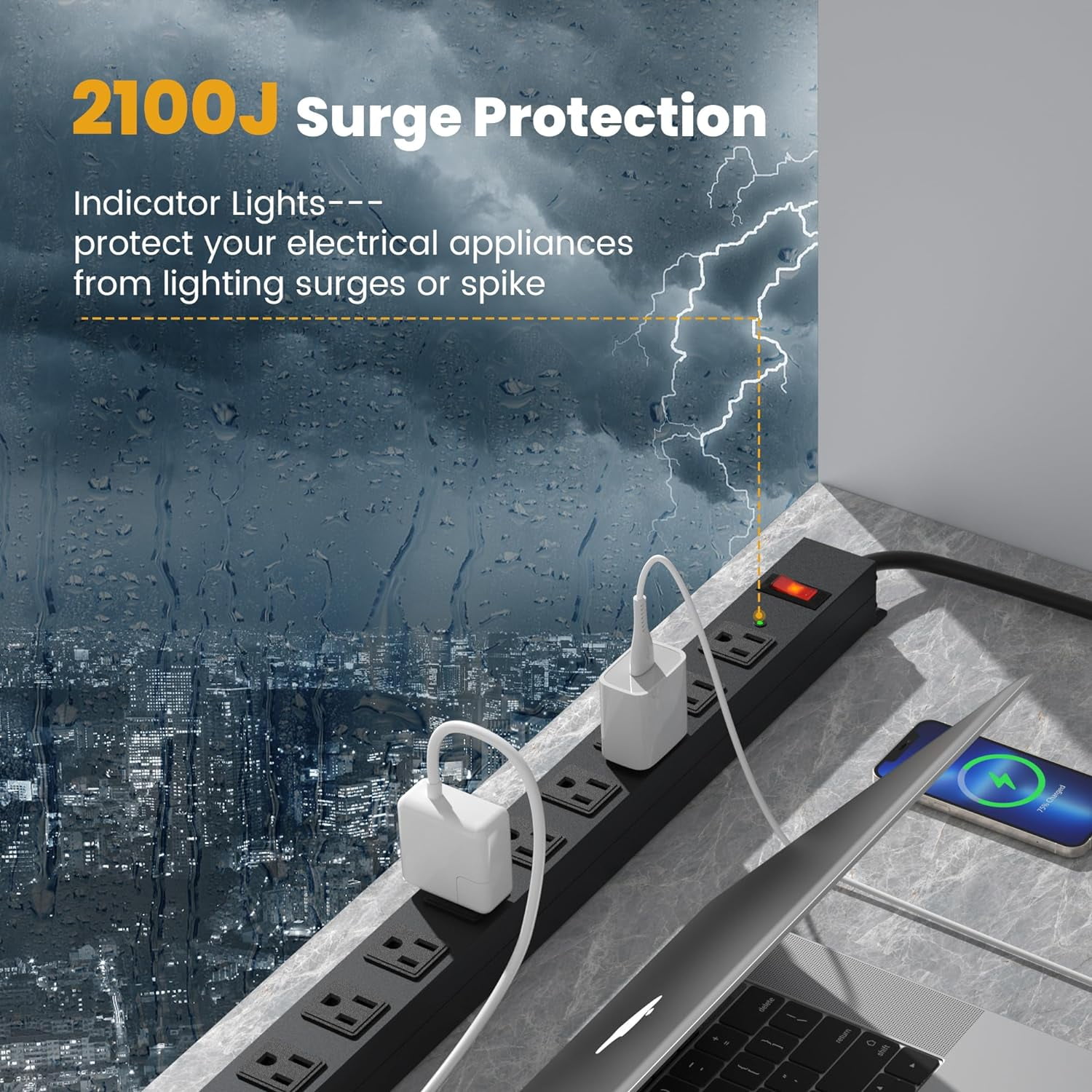 JUNXIAO-12 Outlet Long Power Strip Surge Protector with 2100 Joules ...