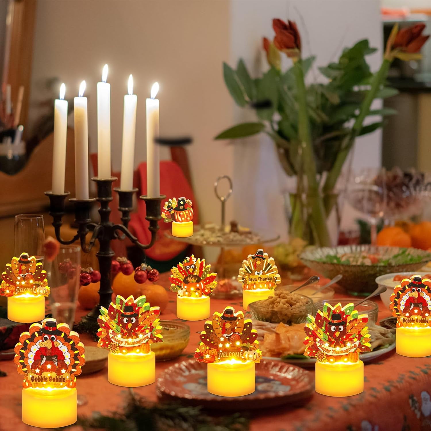 JUNXIAO-12 PCS Turkey Tea Lights Candles Thanksgiving Table Decorations ...