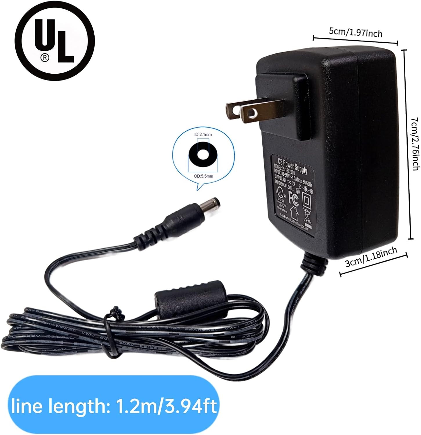 JUNXIAO-12V 2A Power Supply Adapter, 12V 2000mA AC 100-240V to DC Power ...