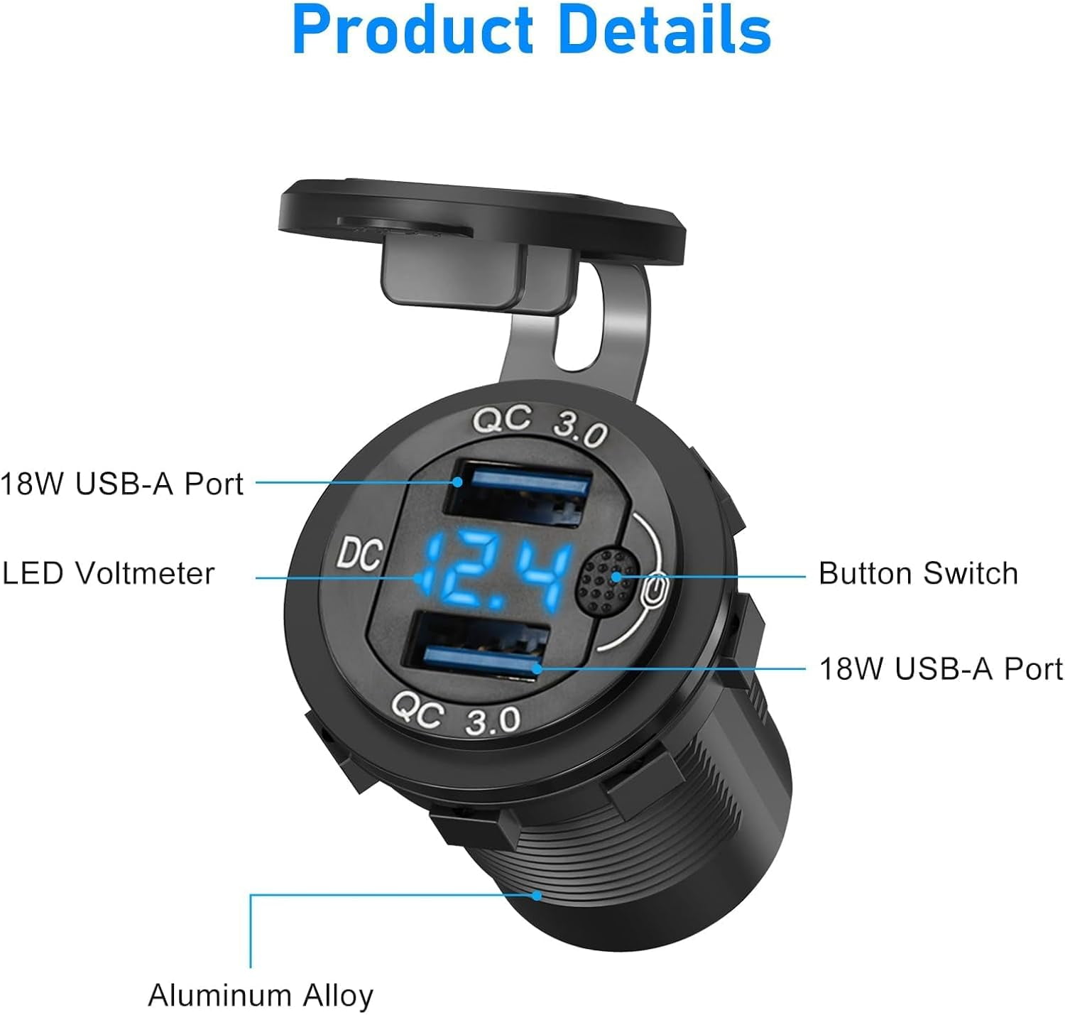 JUNXIAO-12V Charger Socket Panel, 18W QC3.0 USB-A Port Dual USB Power ...