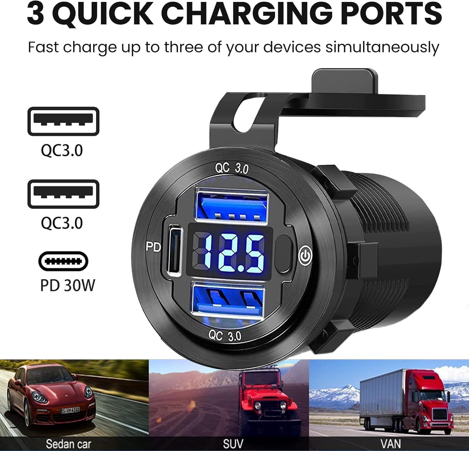 JUNXIAO-12V USB Car Socket, 3-Port Marine Aluminum USB Quick Charge ...