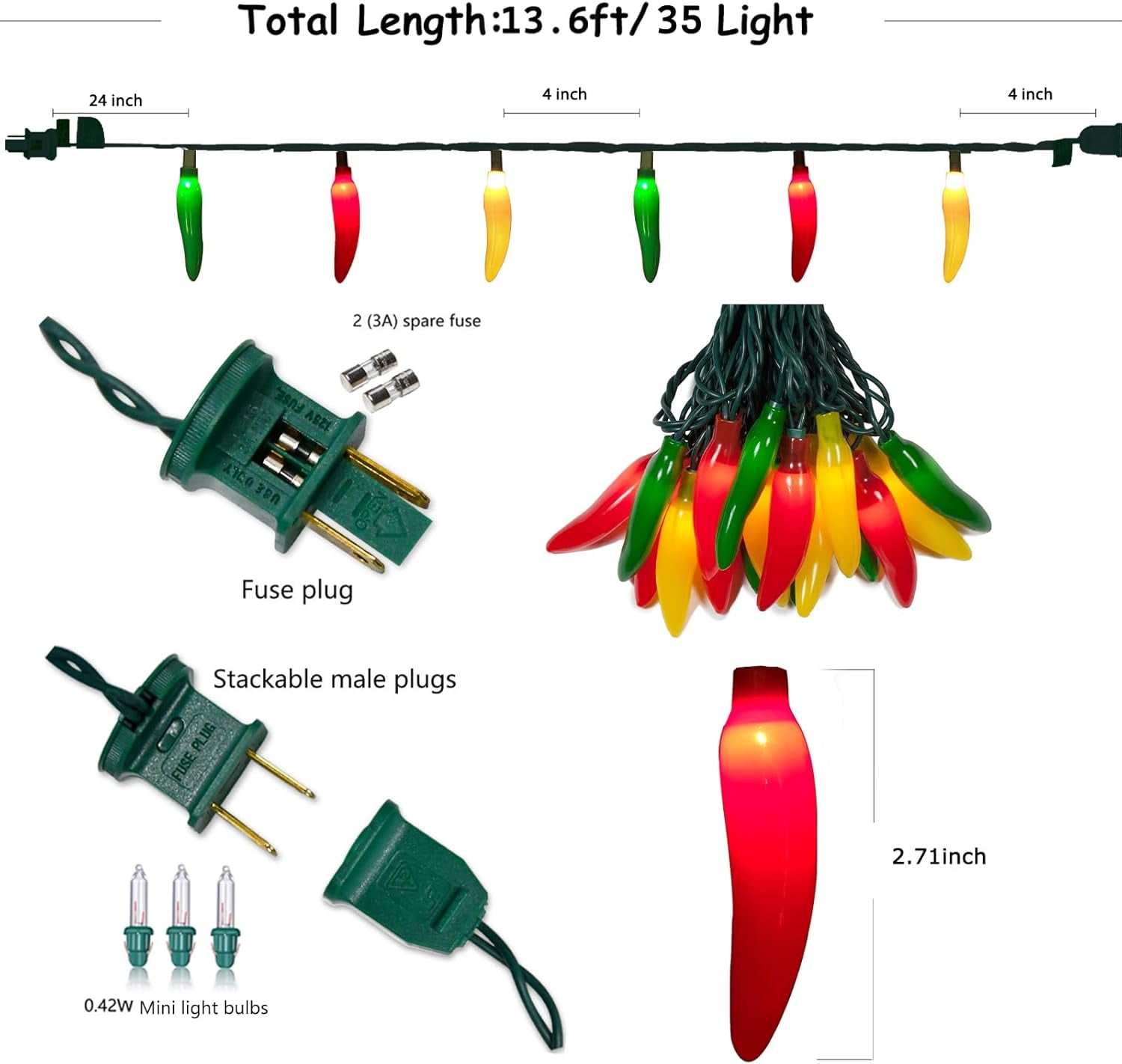 JUNXIAO-13.6FT Chili Pepper Lights Lights with 37 Mini Triplecolor ...