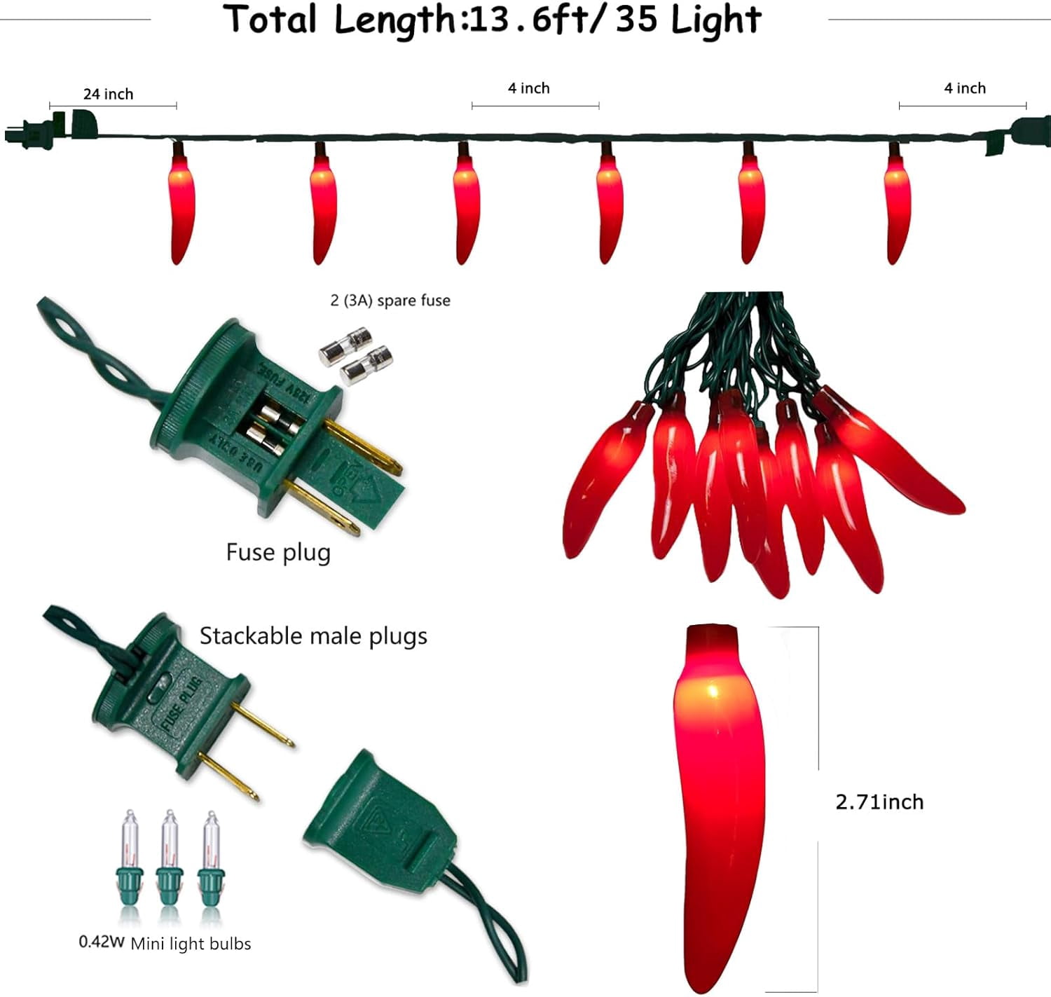 JUNXIAO-13.6FT Chili Pepper String Lights with 37 Mini Red Chili Lights ...