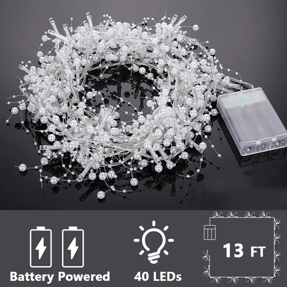 JUNXIAO-13FT Christmas White Pearl String Lights 40LED Lighted Berry ...