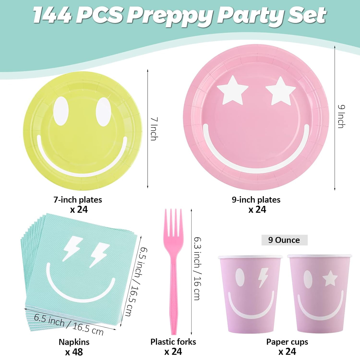 JUNXIAO-144 Pieces Preppy Smile Face Party Tableware Set Party ...