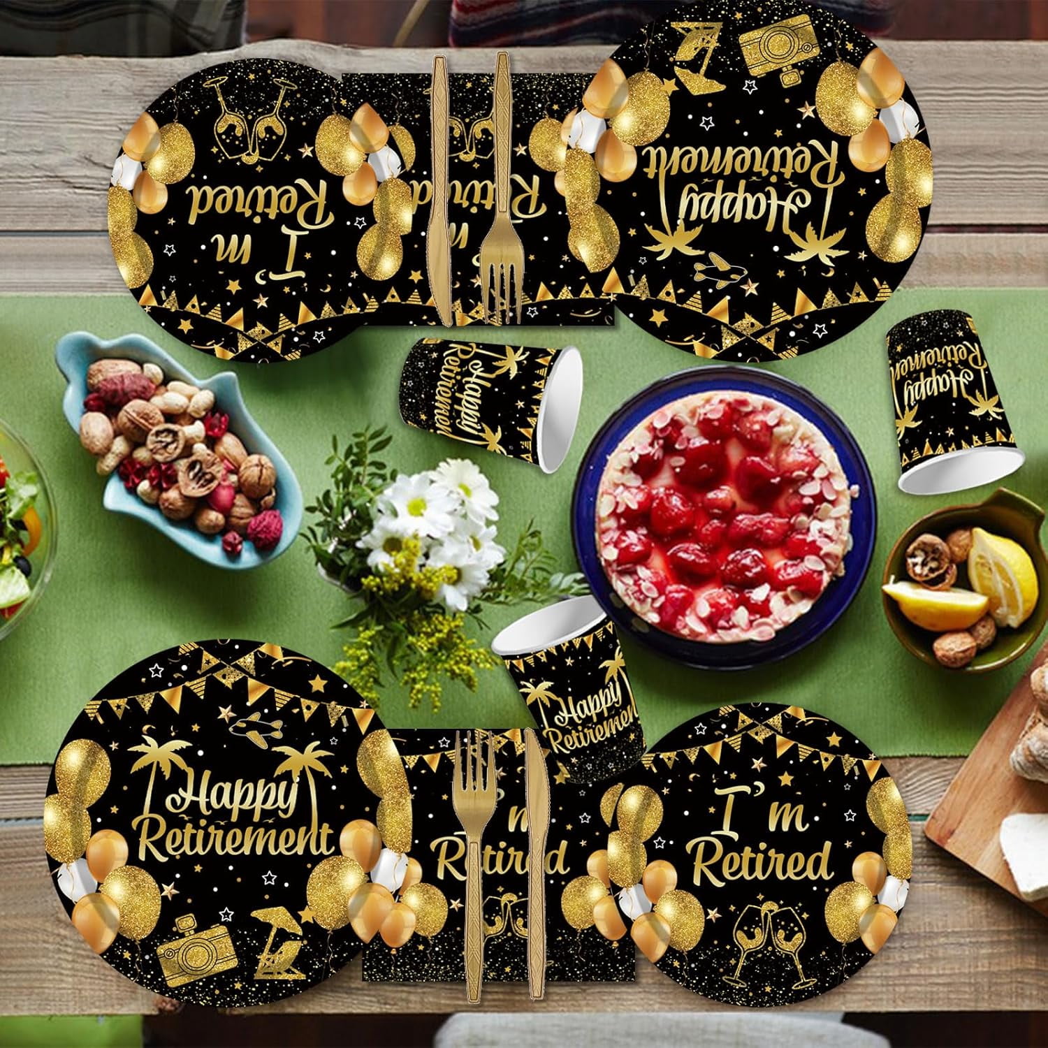 JUNXIAO-144PCS Happy Retirement Party Supplies Black Gold Retirement ...