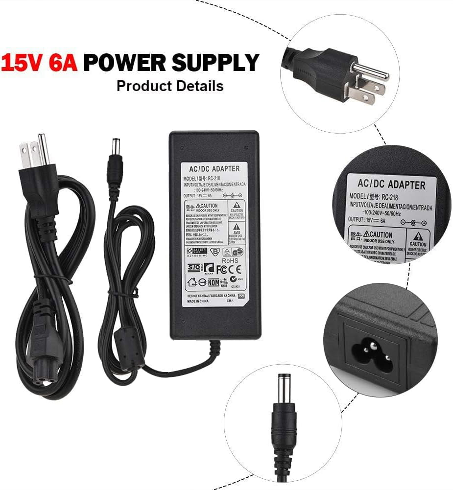 JUNXIAO-15V 6A Power Adapter, AC 100-240V Switching to DC 15V 90W 6A ...