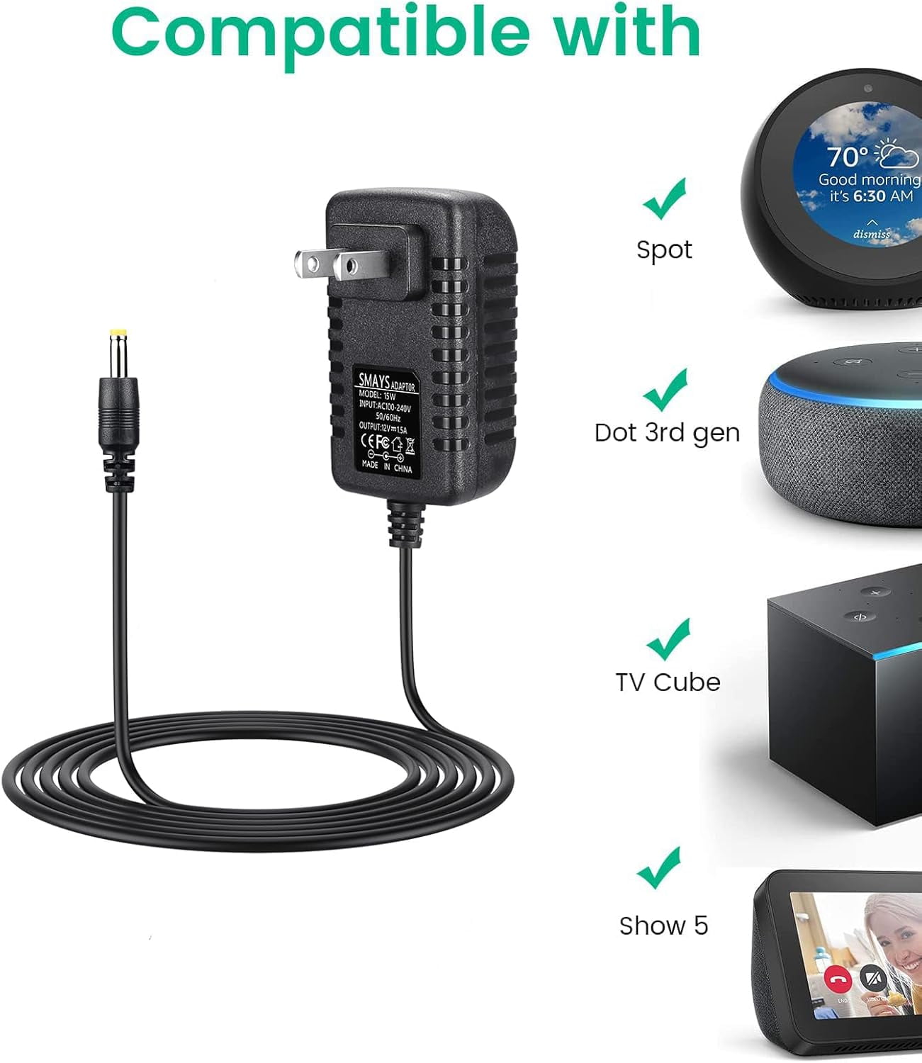 JUNXIAO-15W Power Cord Adapter Replacement for Alexa Echo Spot, Echo ...