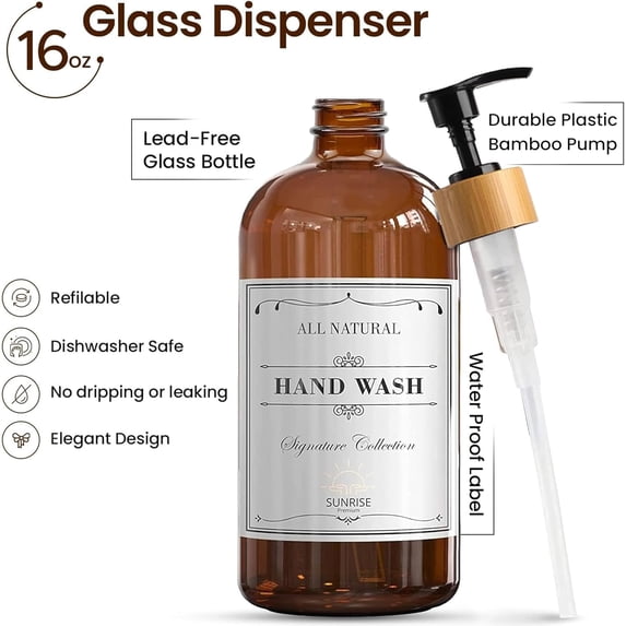 JUNXIAO-16 OZ Thick Amber Glass Soap Dispenser, Bamboo Pump with Tray 2 ...